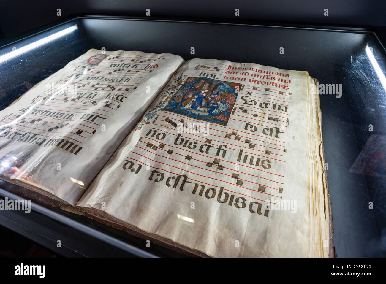 Initial P illuminated with a scene of the birth of Jesus Christ ...