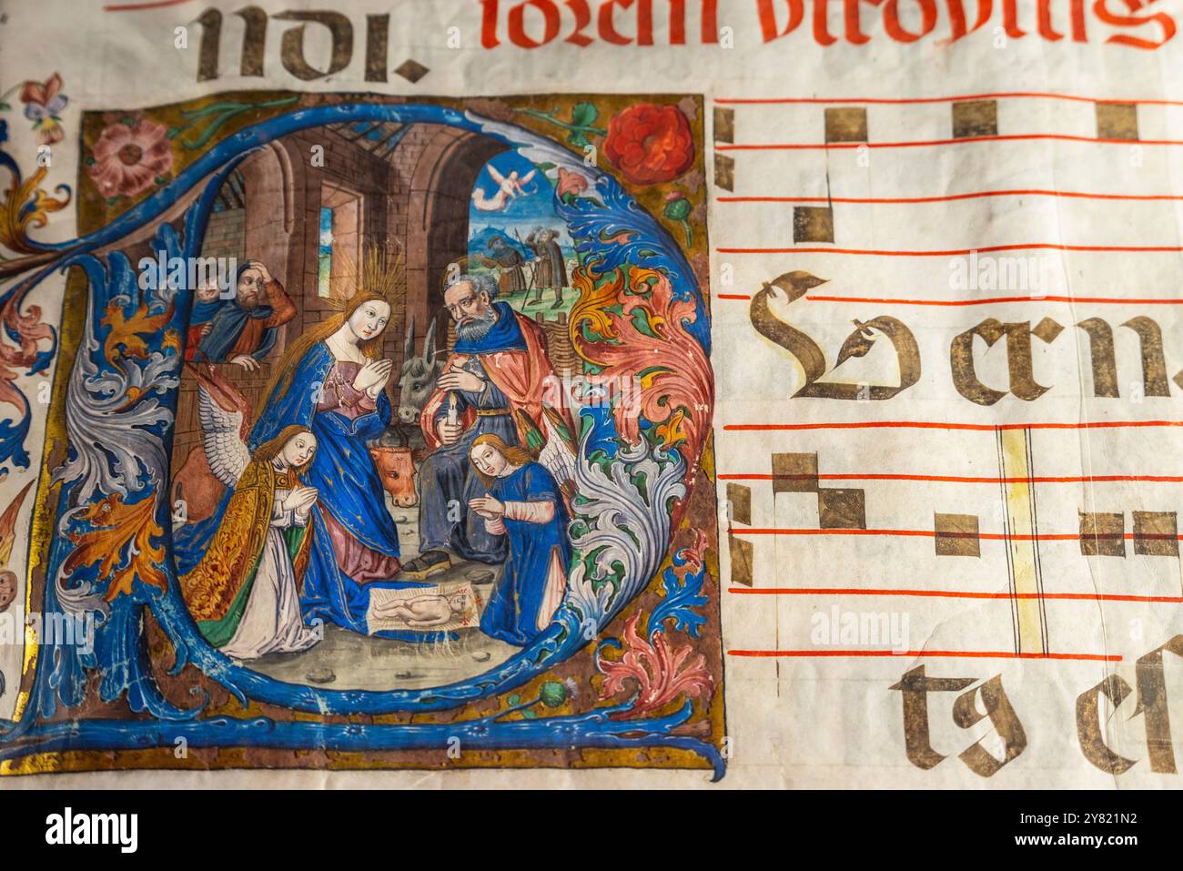 Initial P illuminated with a scene of the birth of Jesus Christ ...