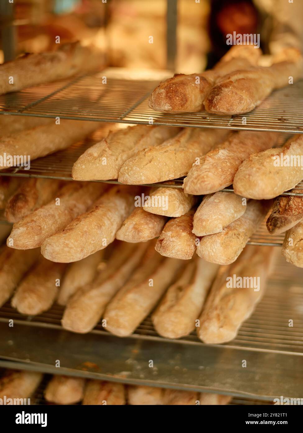 Freshly baked baguettes on a bakery display rack with a warm, soft ...