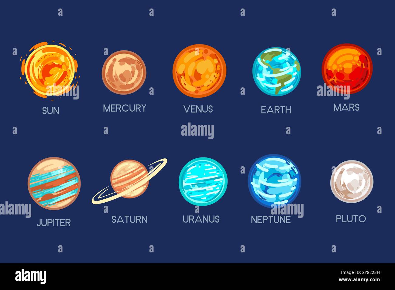 Set of solar system space objects. Sun with planets. All objects with ...
