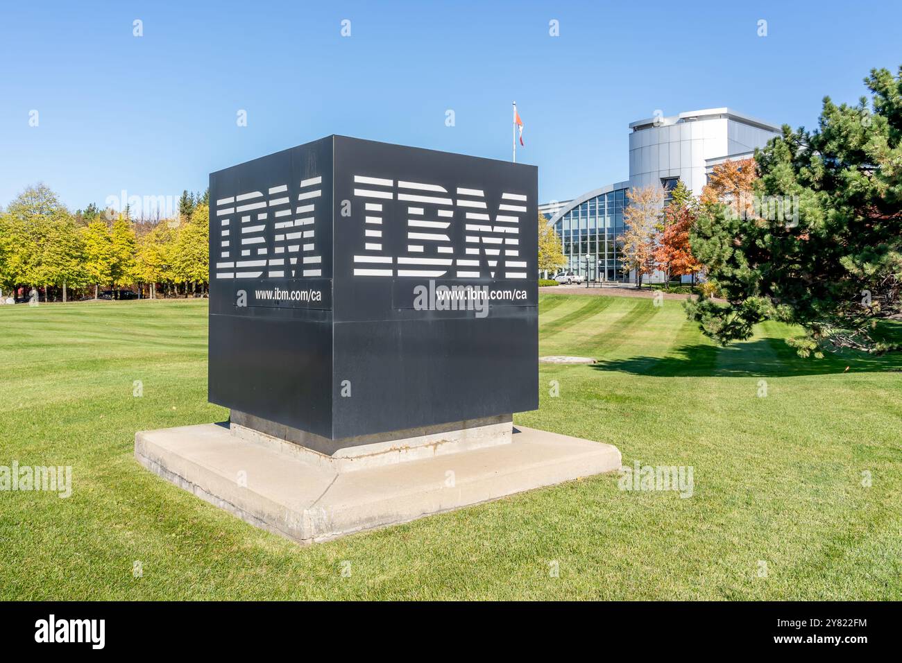 Closeup IBM logo sign at IBM Canada Head Office Building in Markham ...