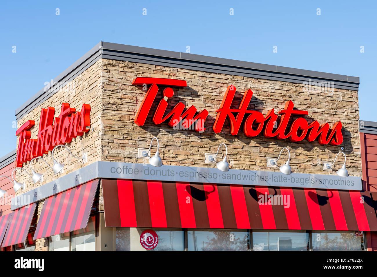 Close up Tim Hortons logo sign is seen. Richmond Hill, Canada Stock ...