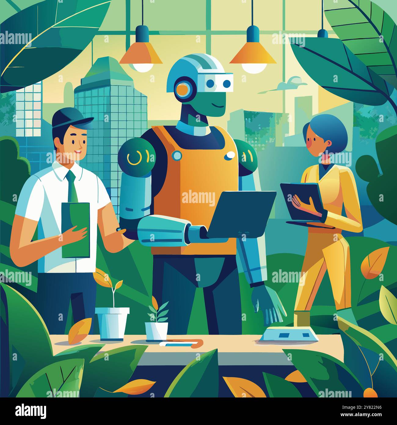 A friendly robot collaborates with two humans in a modern office ...