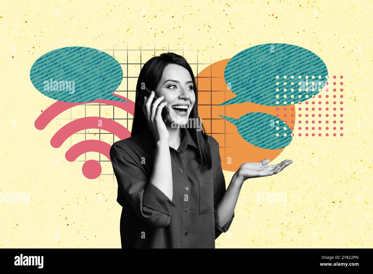 Creative abstract template collage of funny female talking chatting ...