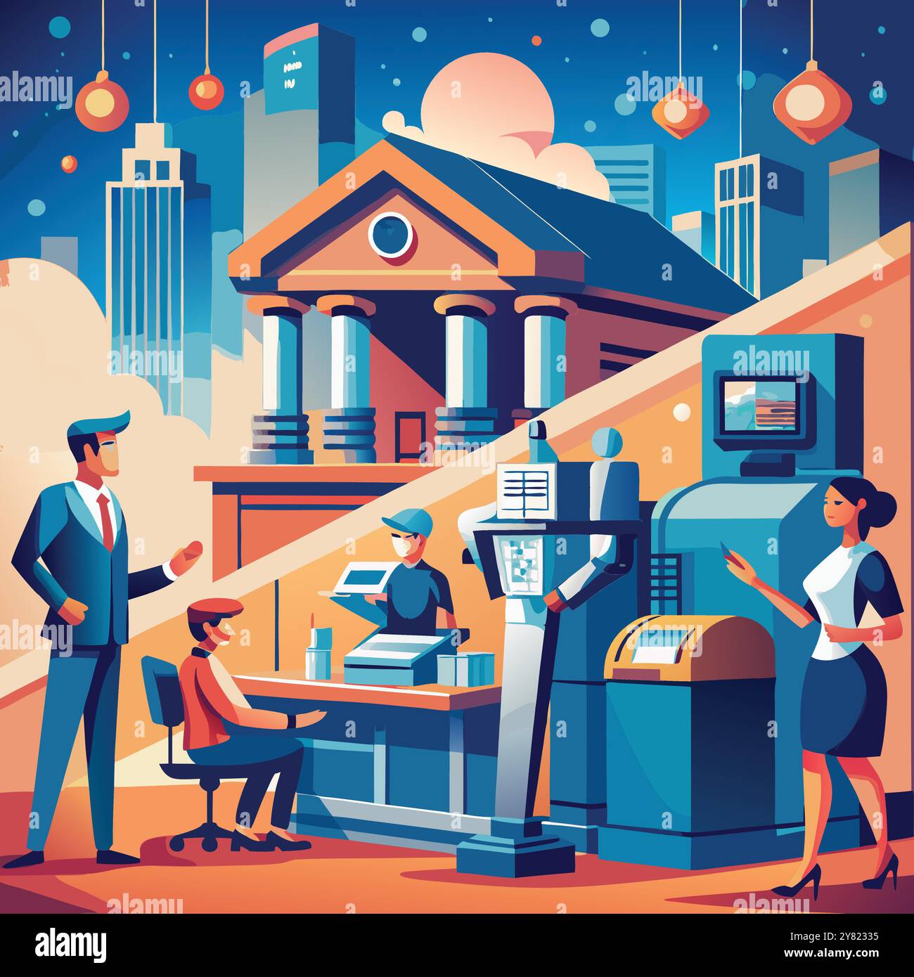 A futuristic cityscape illustration with a focus on a bank ...