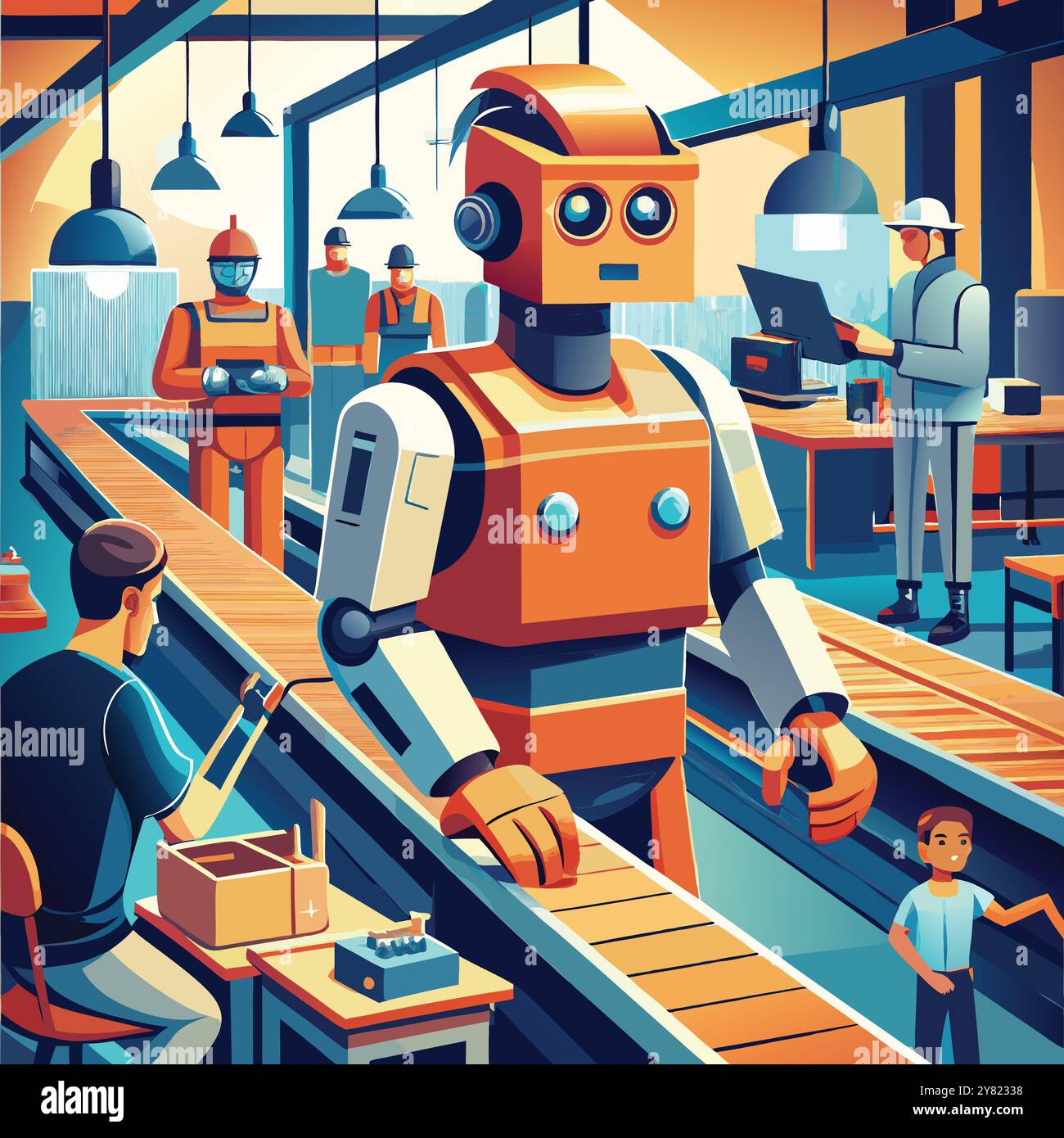 A friendly robot stands on a conveyor belt in a factory setting ...