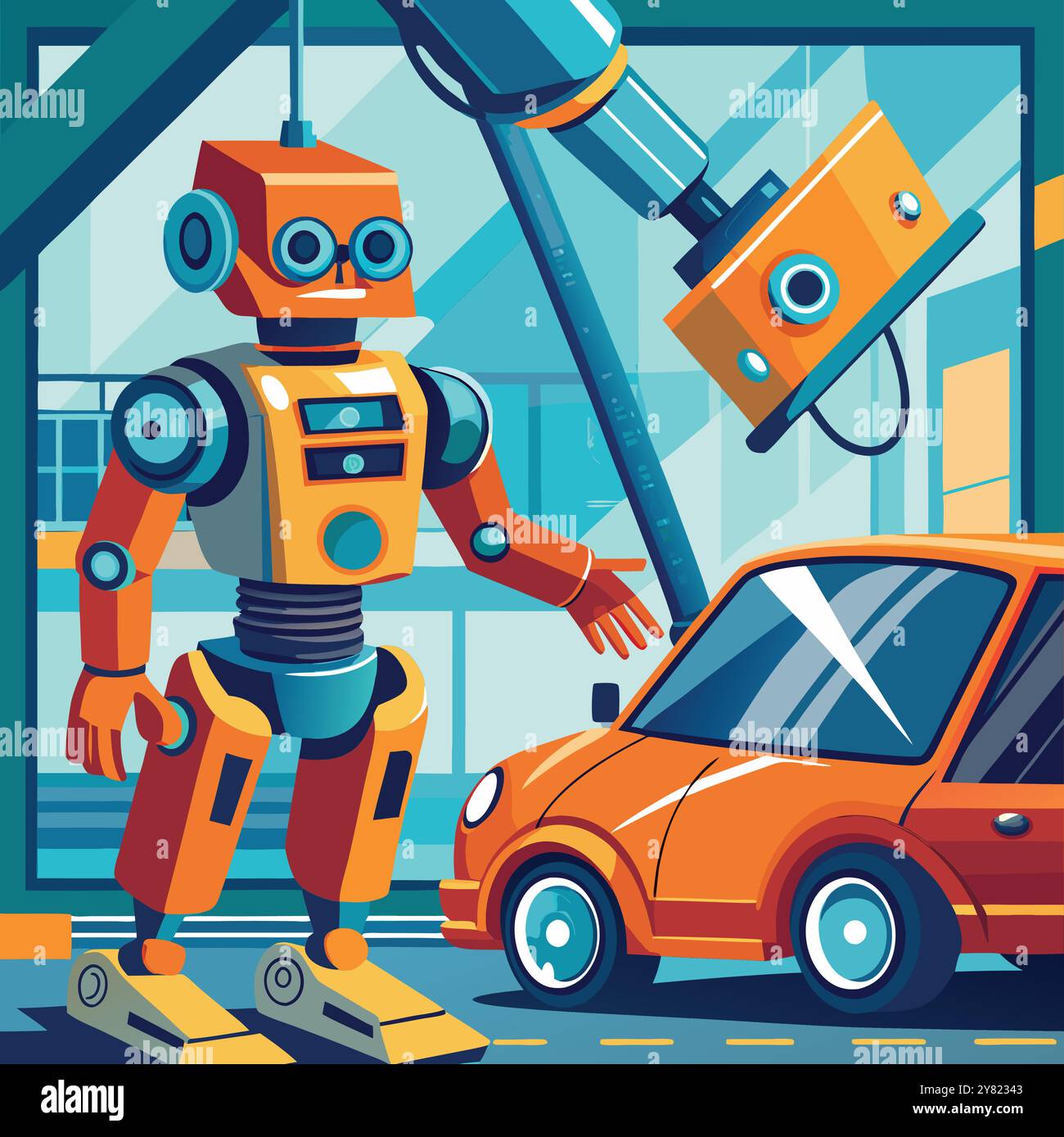 A friendly robot inspects a car. representing the future of car ...