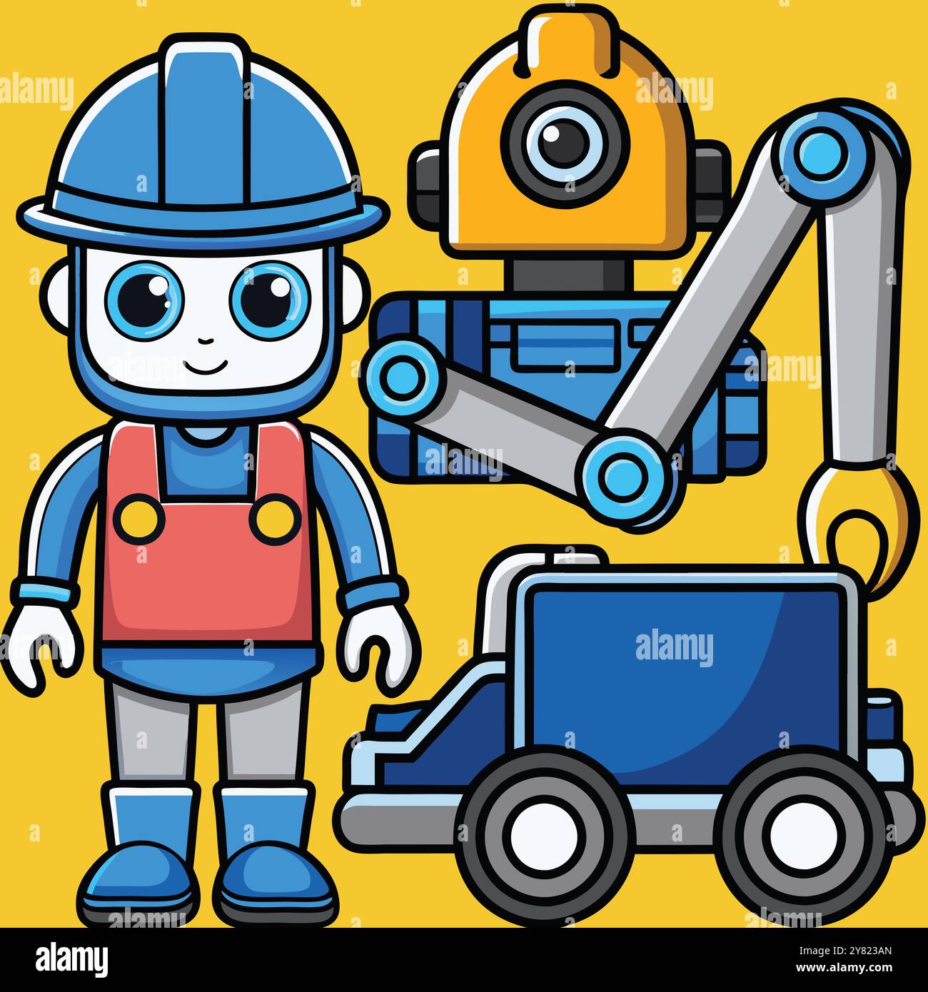 Cute cartoon robots working together. A blue robot worker in a hard hat ...