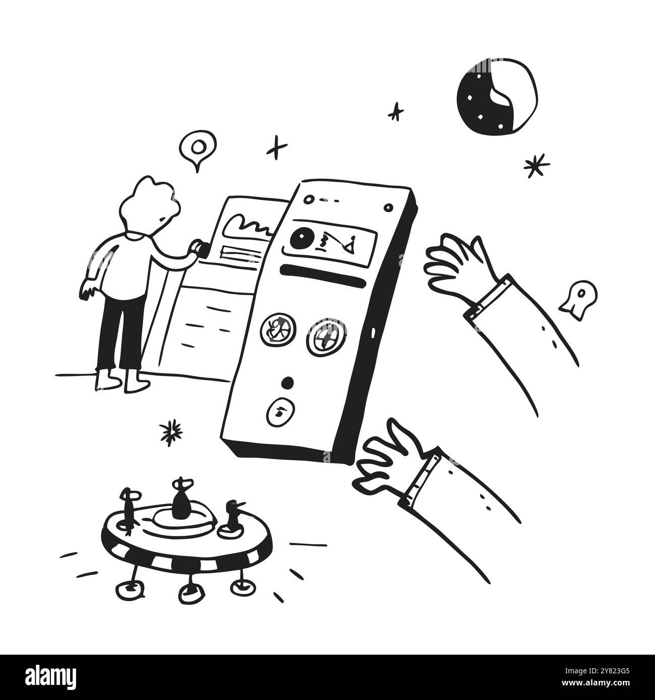 A whimsical hand drawn illustration depicting a person interacting with ...