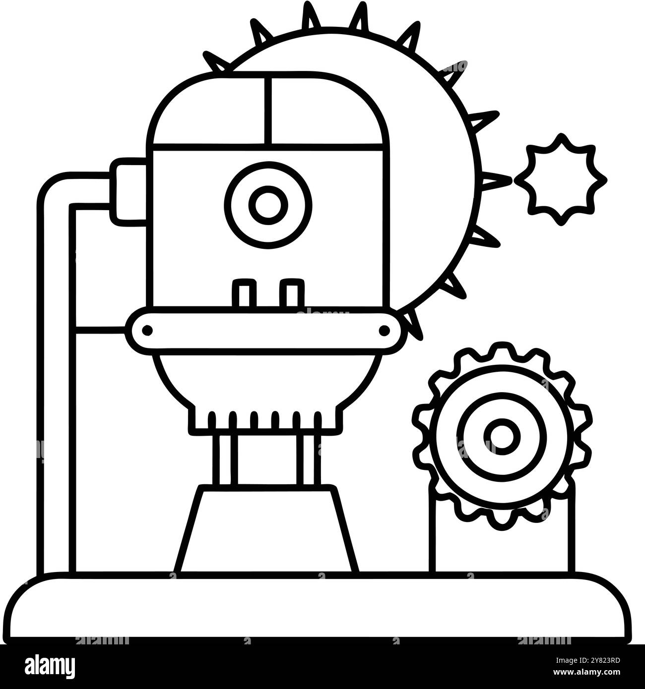 A simple line art illustration of a robotic machine with gears and a ...