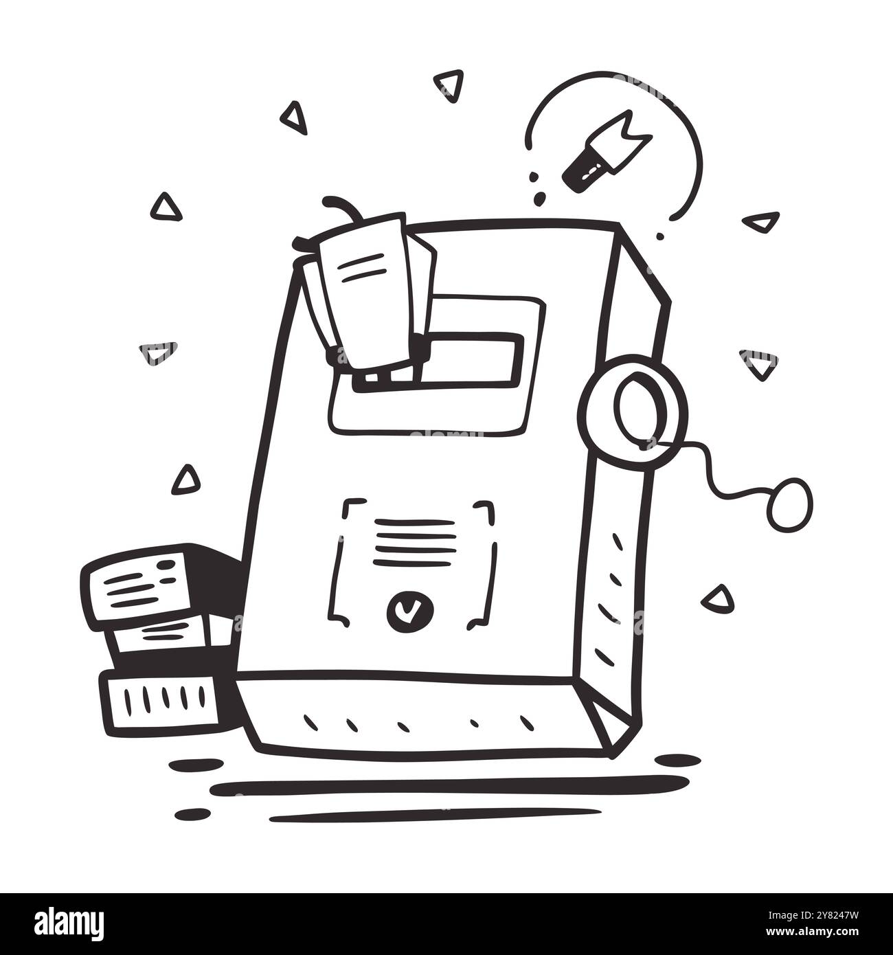 Hand drawn doodle of a computer server with a checkmark inside a frame ...