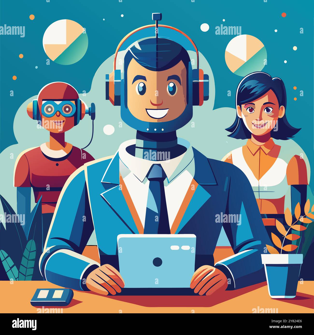 A friendly AI robot in a business suit and headphones working on a ...