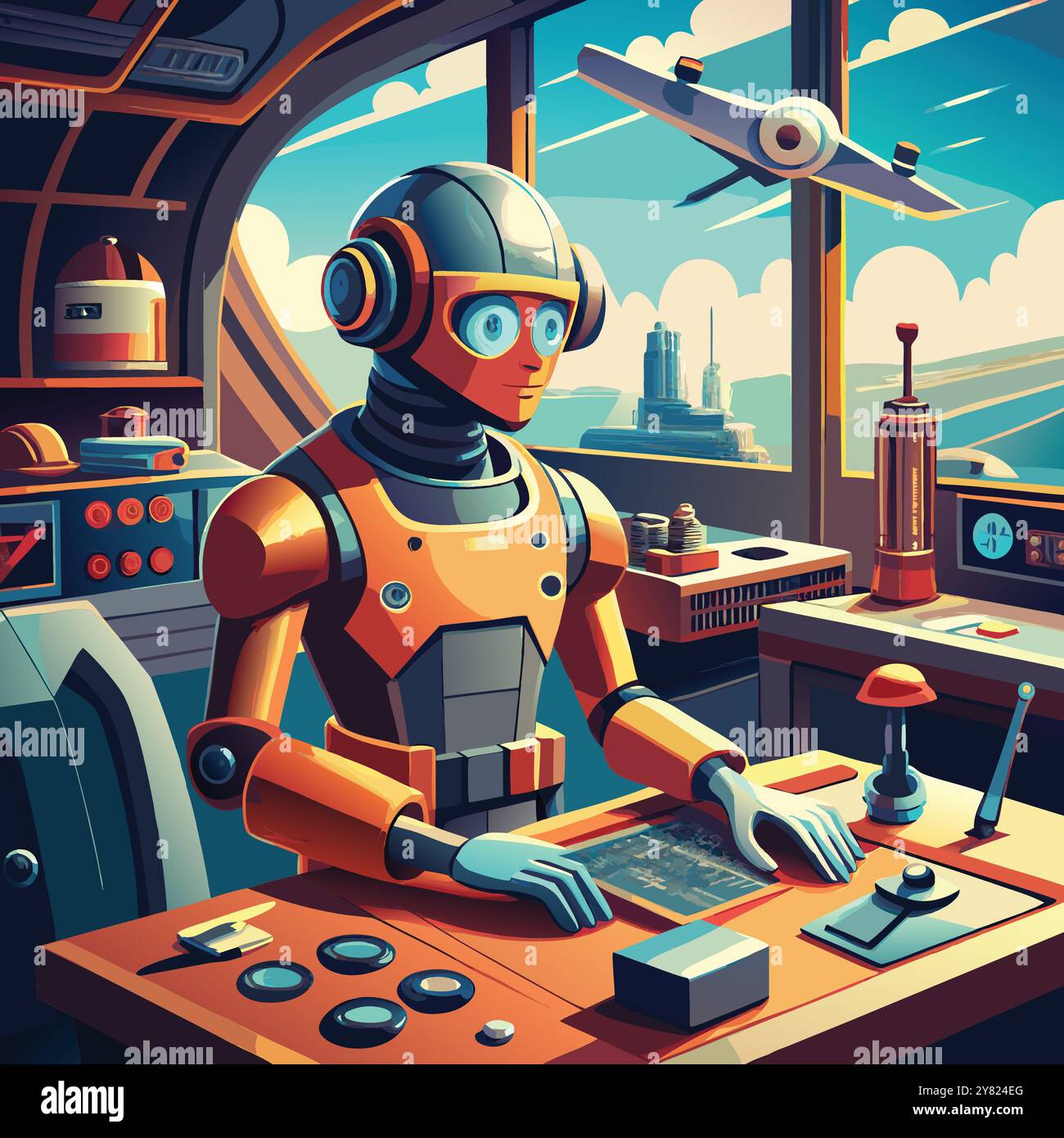 A friendly. humanoid robot sits at a control panel with futuristic tech ...