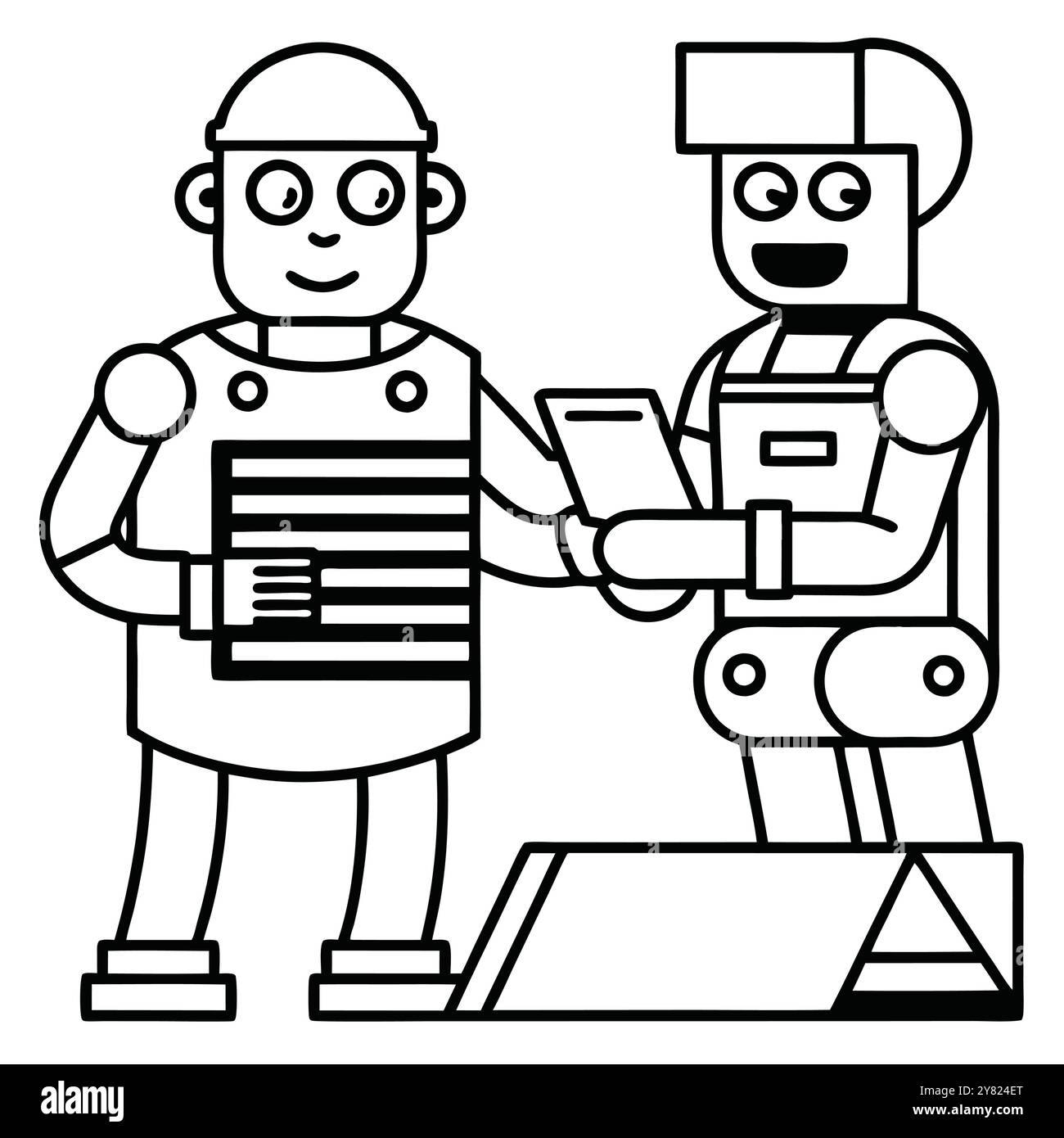 Two friendly robots interacting with a simple line art design. Perfect ...