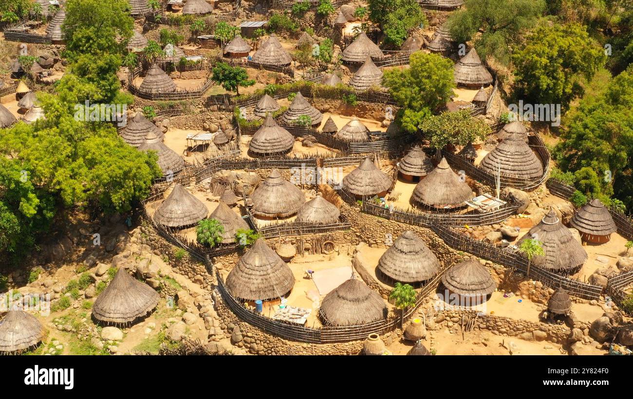 Aerial view of a traditional Lotuko tribe village in the mountain ...