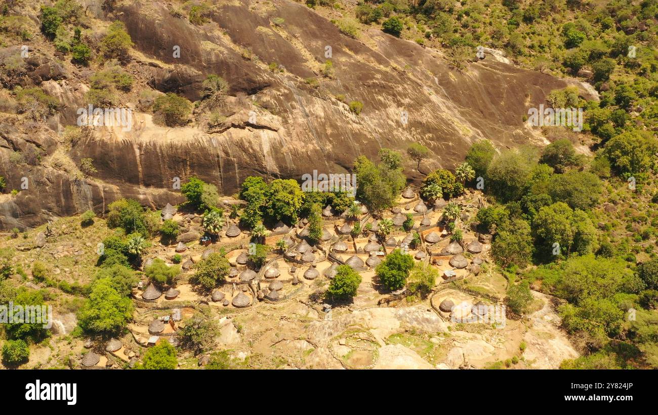Aerial view of a traditional Lotuko tribe village in the mountain ...