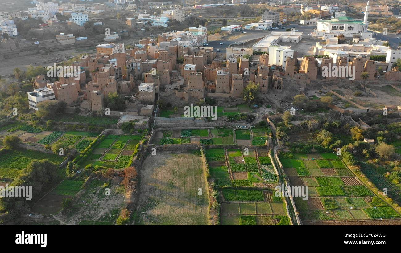 Aerial view of an old village with traditional mud houses, Asir ...