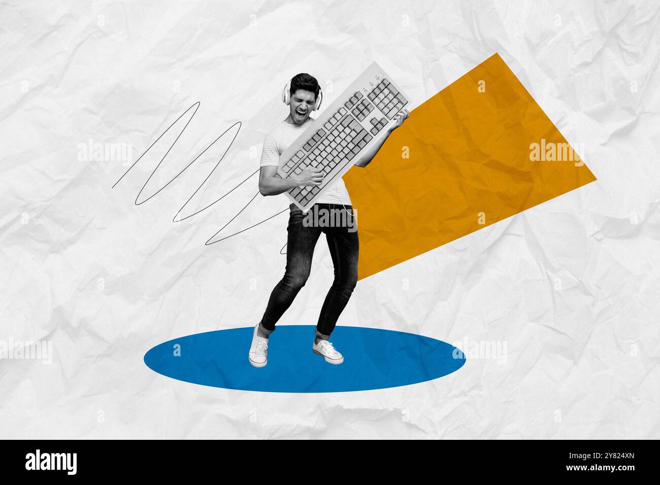 Creative abstract template collage of funny young man play keyboard ...