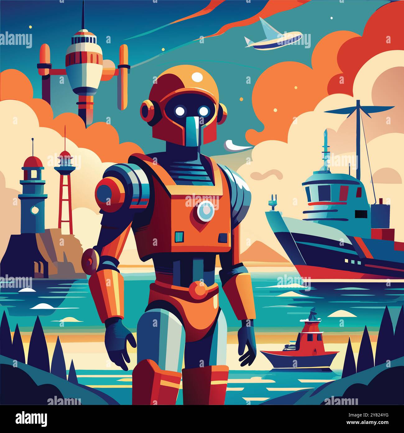A futuristic robot stands on a beach. facing the ocean. The robot is made of bright colors and ...