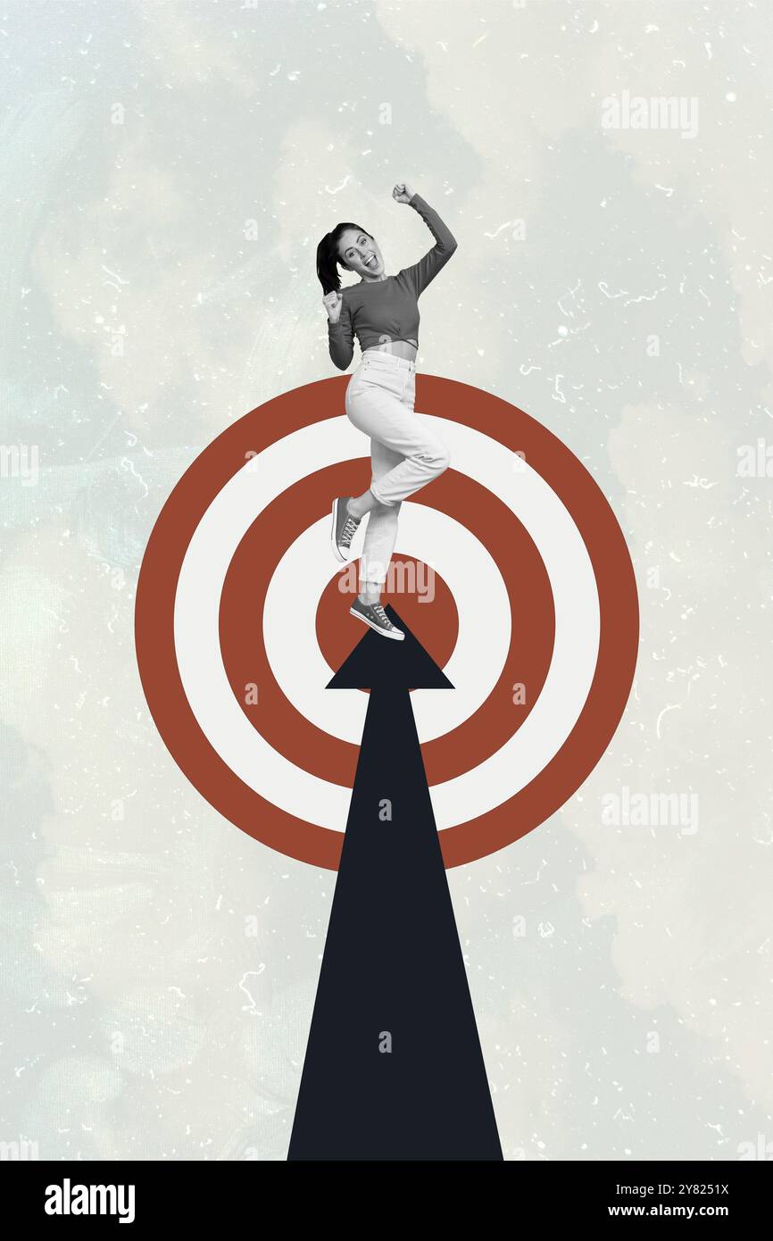 Composite collage picture image of young businesswoman celebrate darts ...