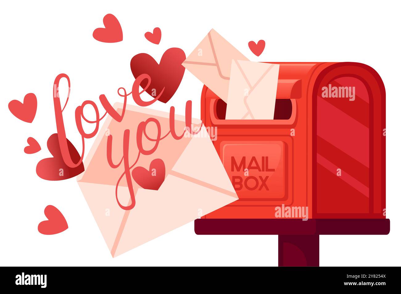 Horizontal banner with Love you lettering. Postal envelope with a heart ...