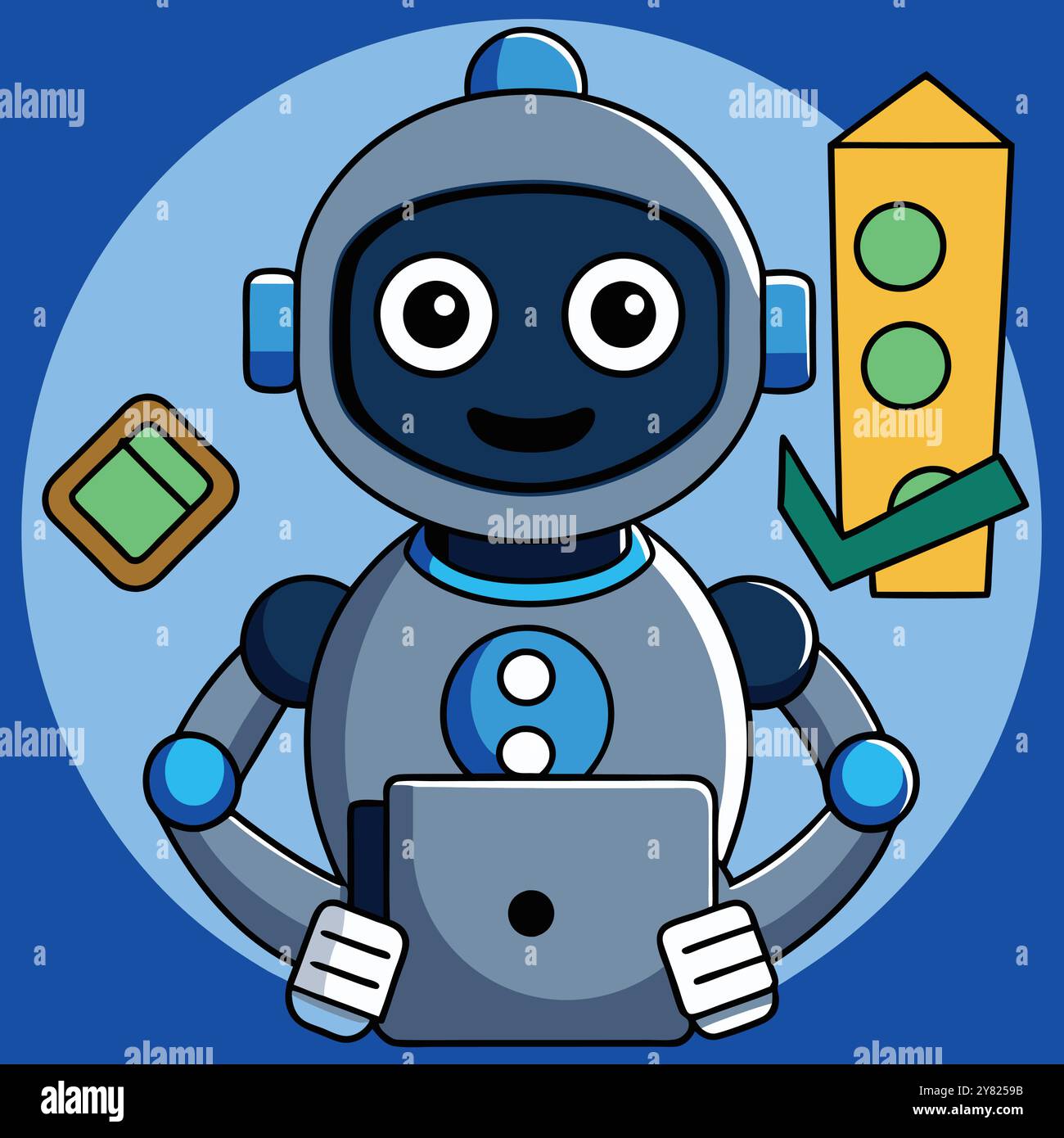 A friendly robot with a blue light on its head. is working on a laptop ...
