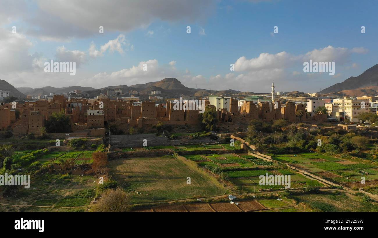 Aerial view of an old village with traditional mud houses, Asir ...