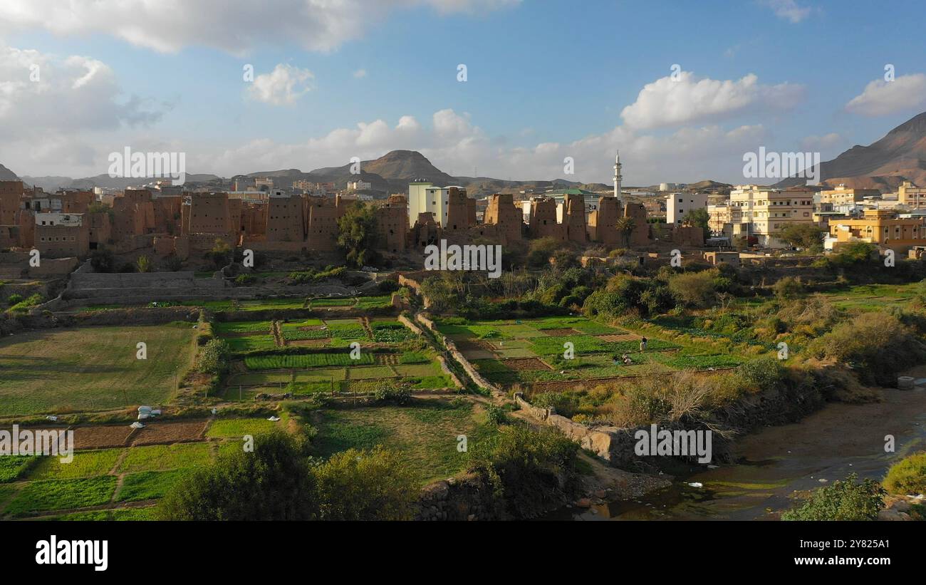 Aerial view of an old village with traditional mud houses, Asir ...