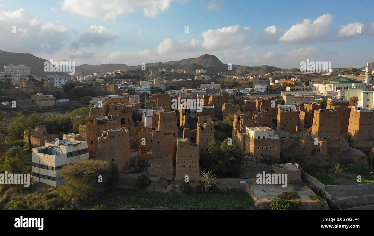 Aerial view of an old village with traditional mud houses, Asir ...