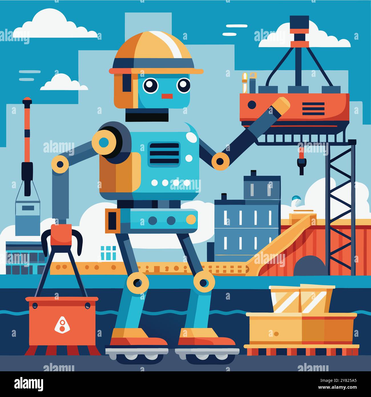 A friendly robot with a construction workers helmet operates a crane at ...