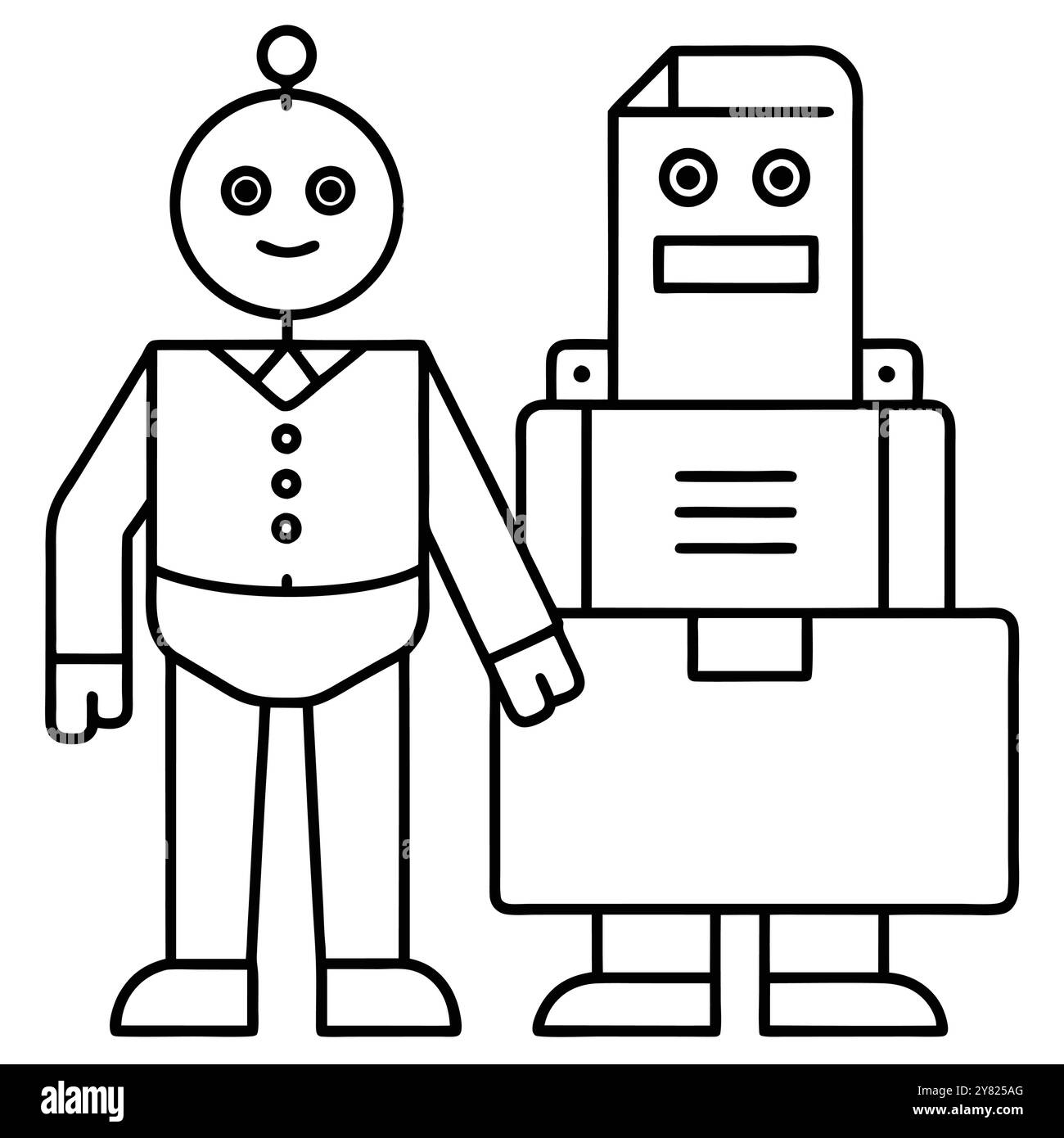 A friendly humanoid robot stands next to a boxy robot. illustrating the ...