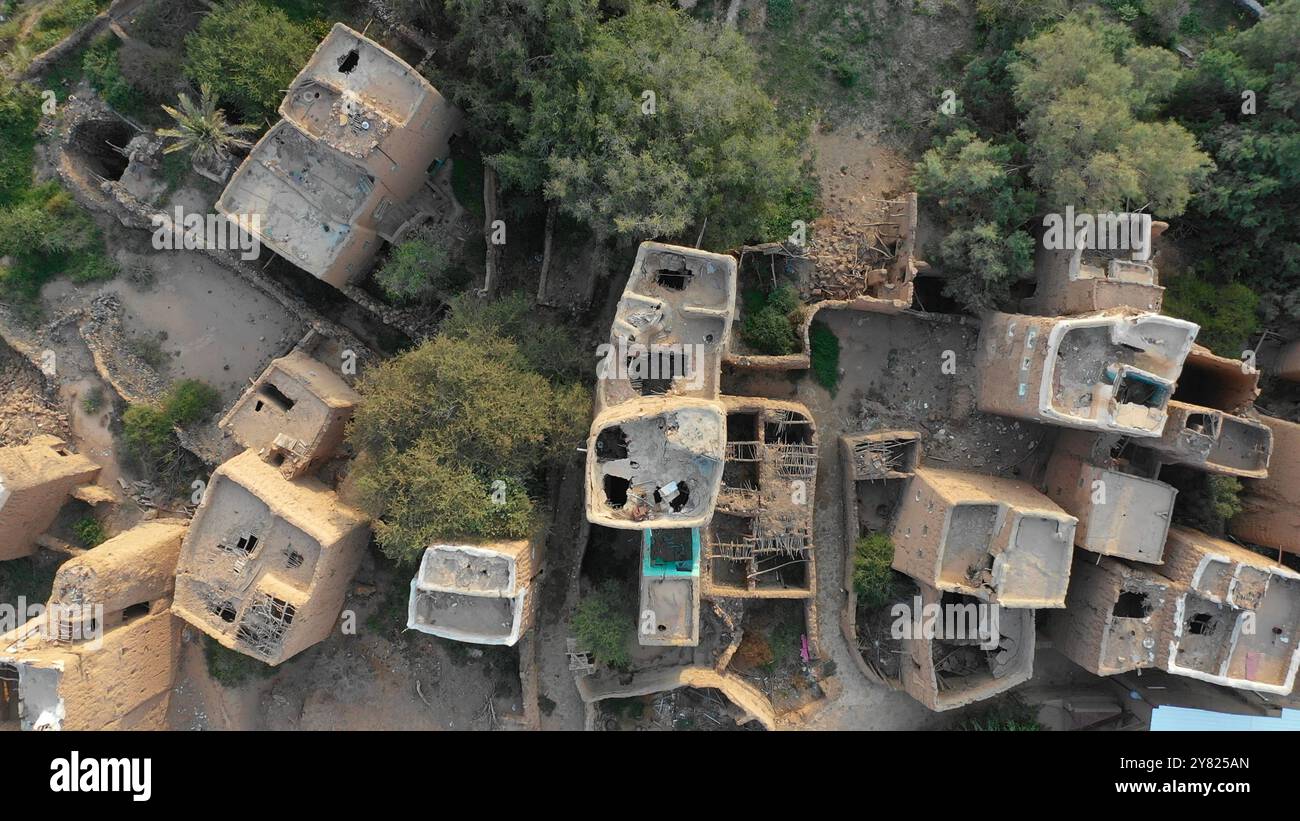 Aerial view of an old village with traditional mud houses, Asir ...