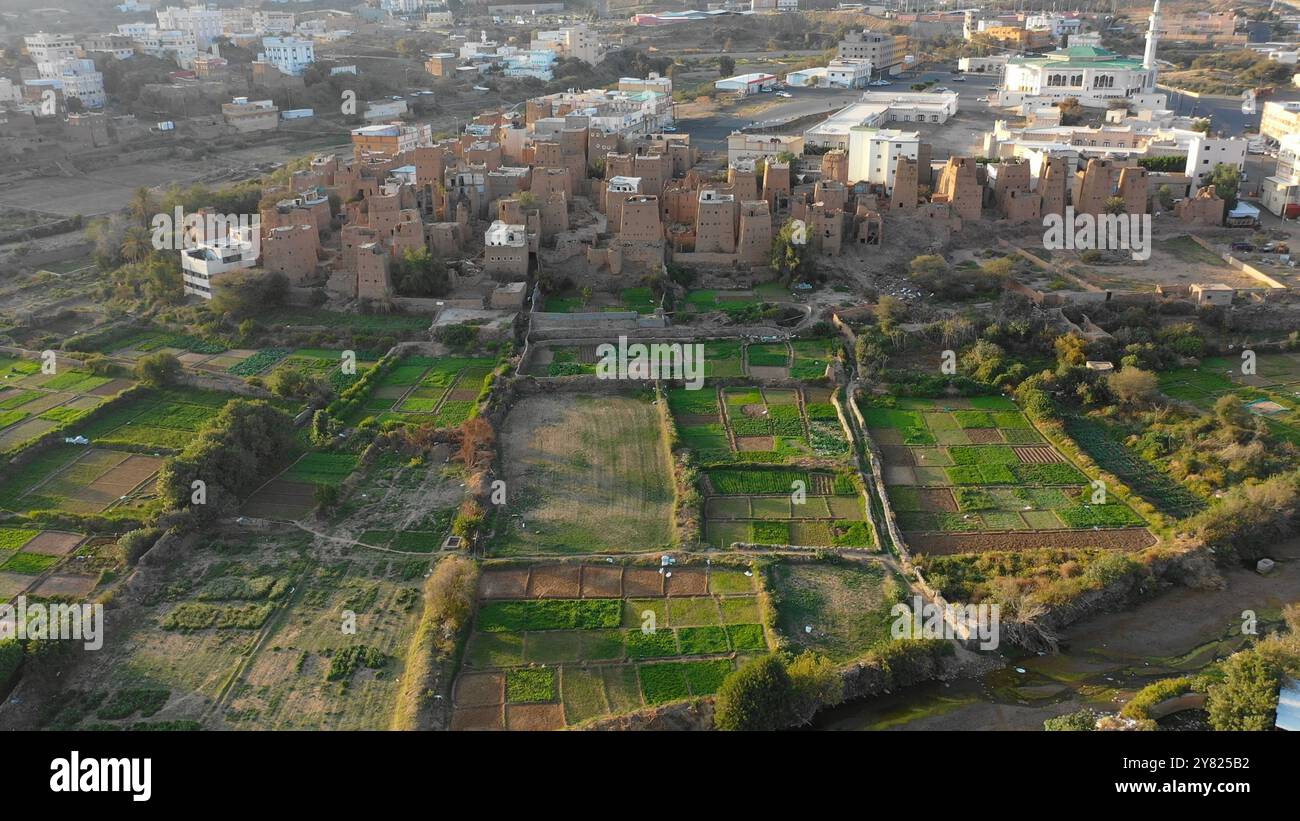 Aerial view of an old village with traditional mud houses, Asir ...