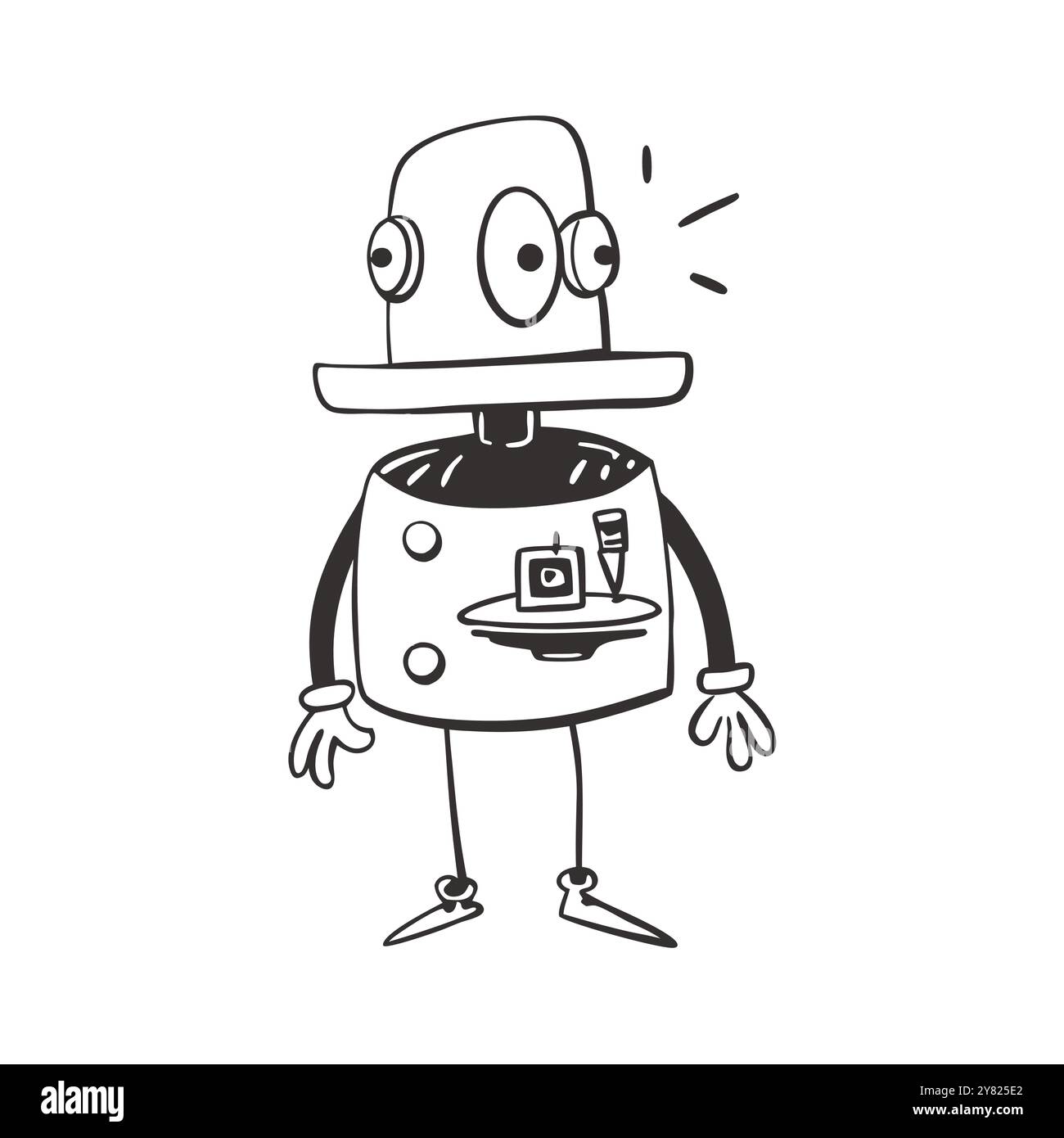 A quirky. hand drawn robot with large eyes and a friendly expression ...