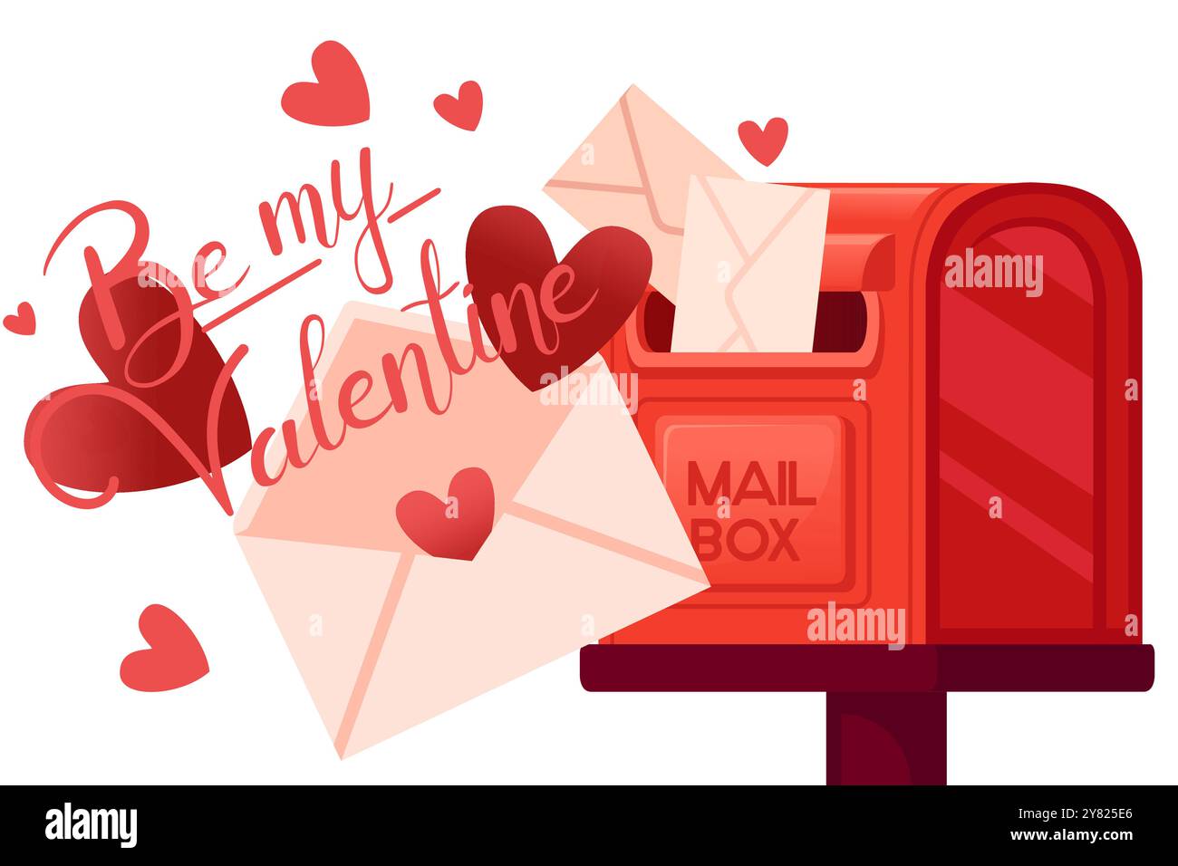 Horizontal banner with Be my Valentine lettering. Postal envelope with ...