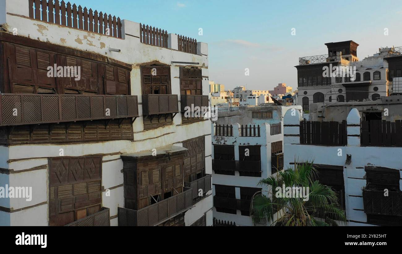 Aerial view of old houses with wooden mashrabiyas in al-Balad quarter ...