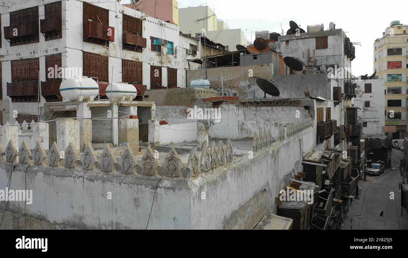 Aerial view of old houses with wooden mashrabiyas in al-Balad quarter ...
