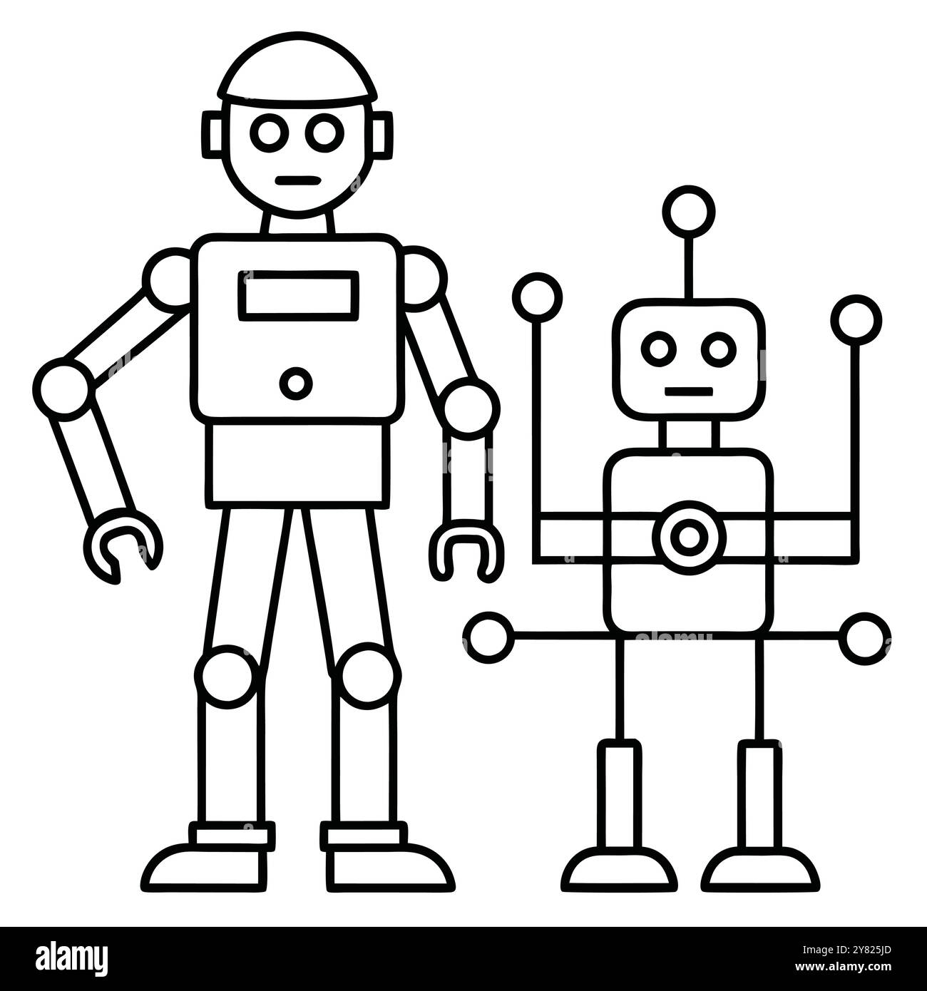 Two robots. one tall and one short. are drawn in a simple. black and ...