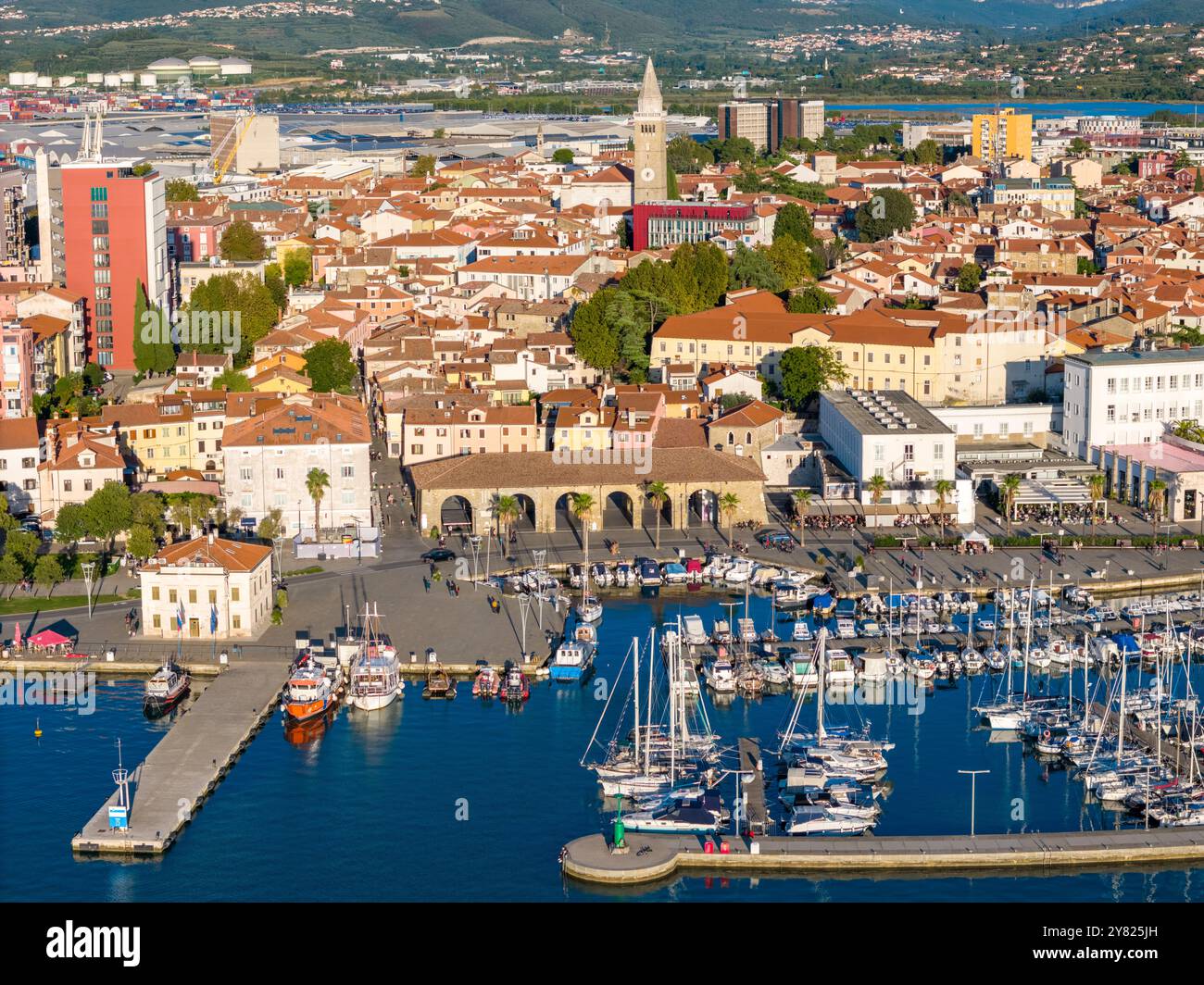 Aerial drone photo of the coastal town named Koper. Koper is the second largest city in Slovenia ...