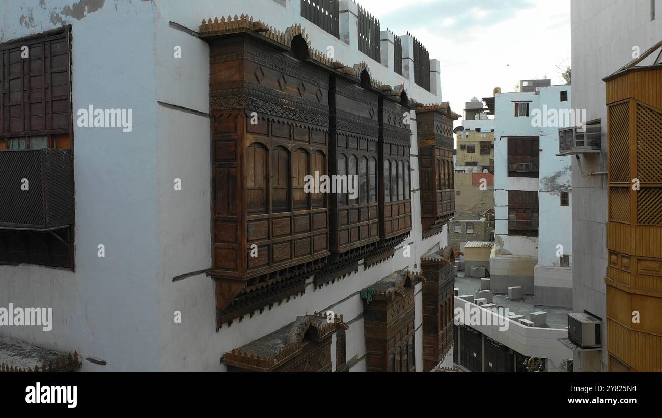 Aerial view of old houses with wooden mashrabiyas in al-Balad quarter ...