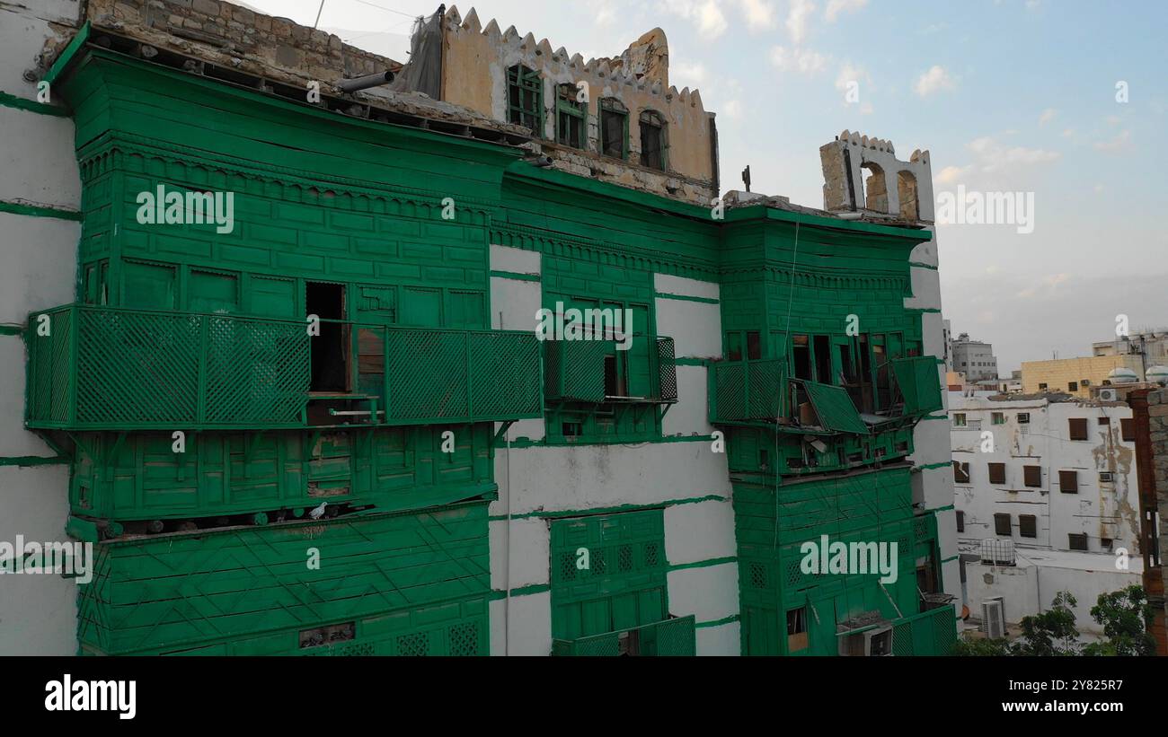 Aerial view of old houses with wooden mashrabiyas in al-Balad quarter ...