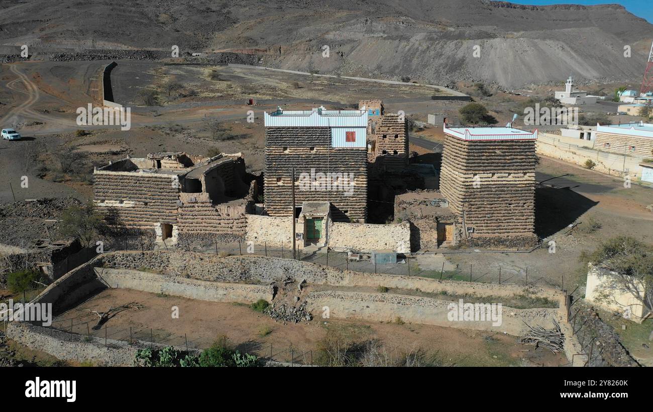 Aerial view of stone and mud houses with slates, Asir province, Sarat ...