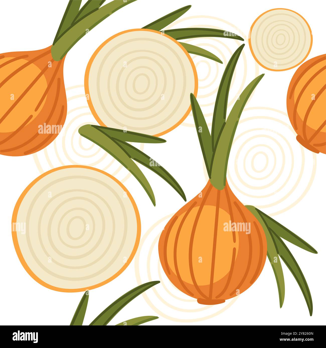 Seamless pattern of whole and slice of onion with green leaves. Fresh ...
