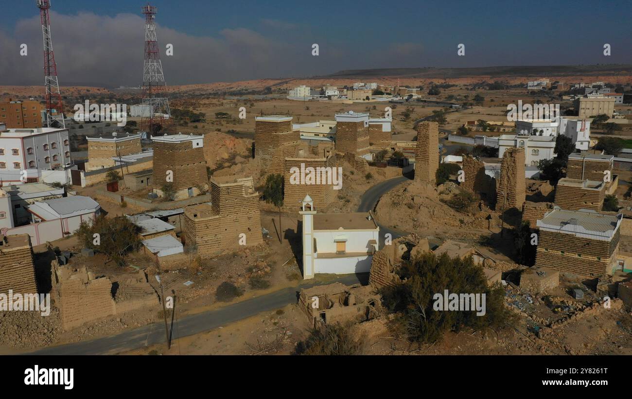 Aerial view of stone and mud houses with slates in al Khalaf village ...