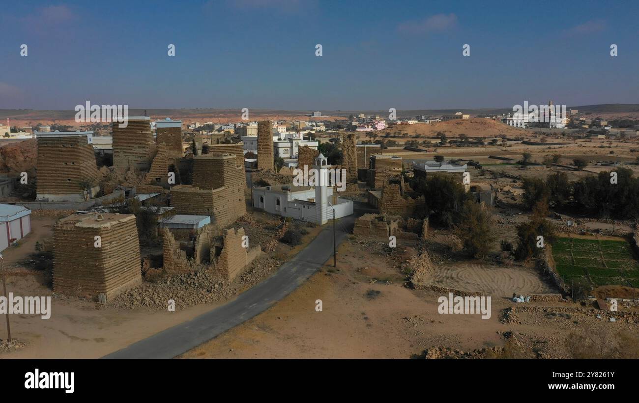 Aerial view of stone and mud houses with slates in al Khalaf village ...