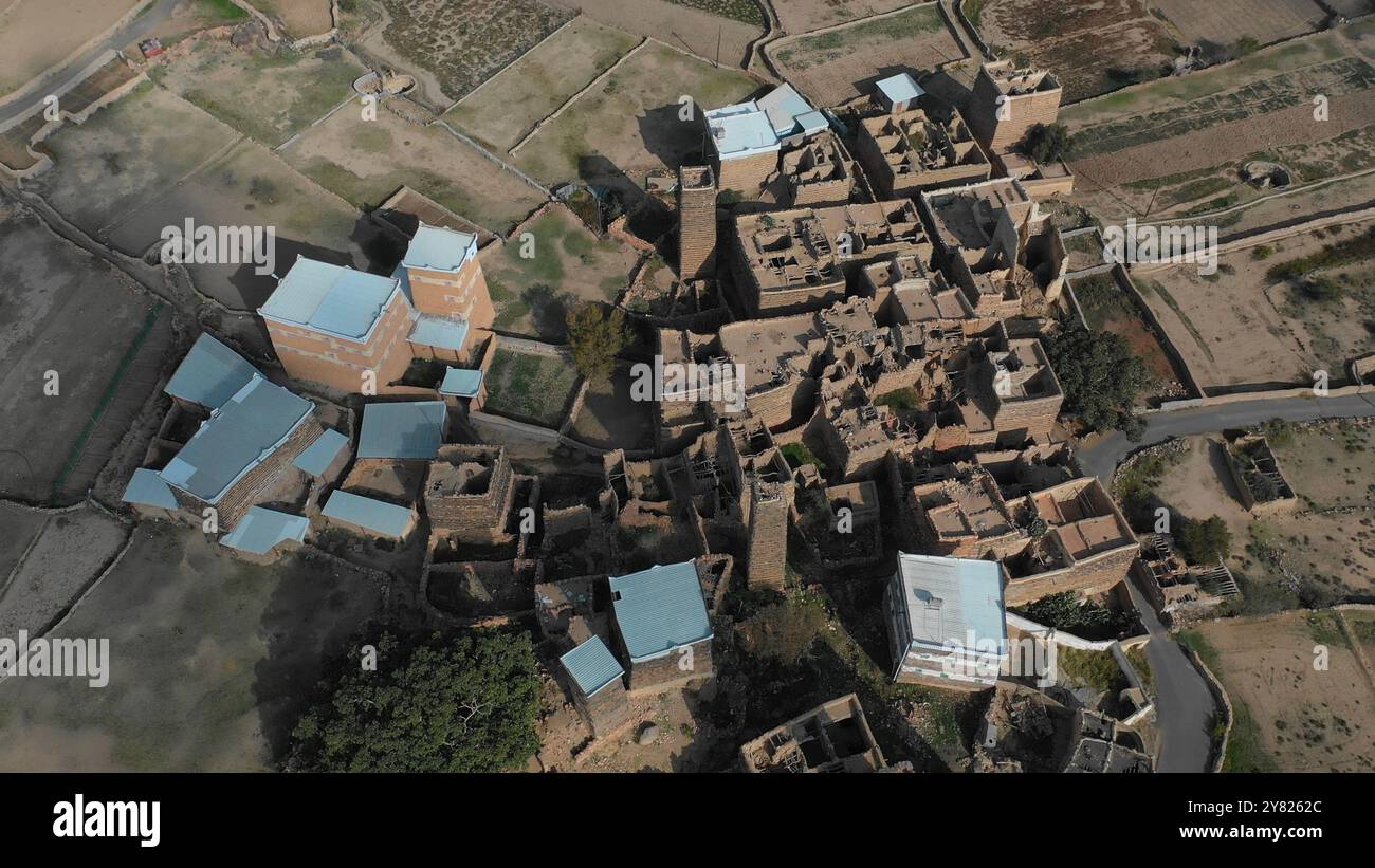 Aerial view of stone and mud houses with slates in al Khalaf village ...