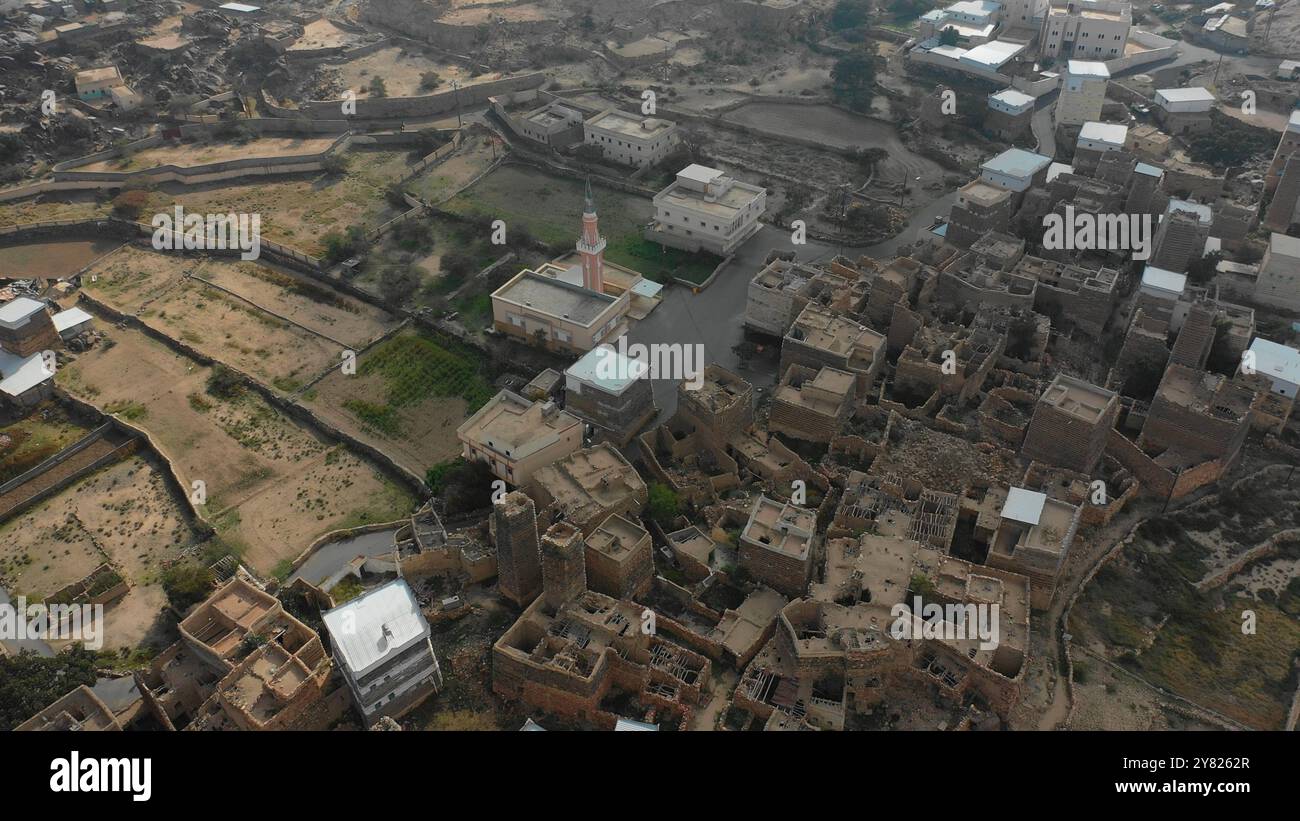 Aerial view of stone and mud houses with slates in al Khalaf village ...