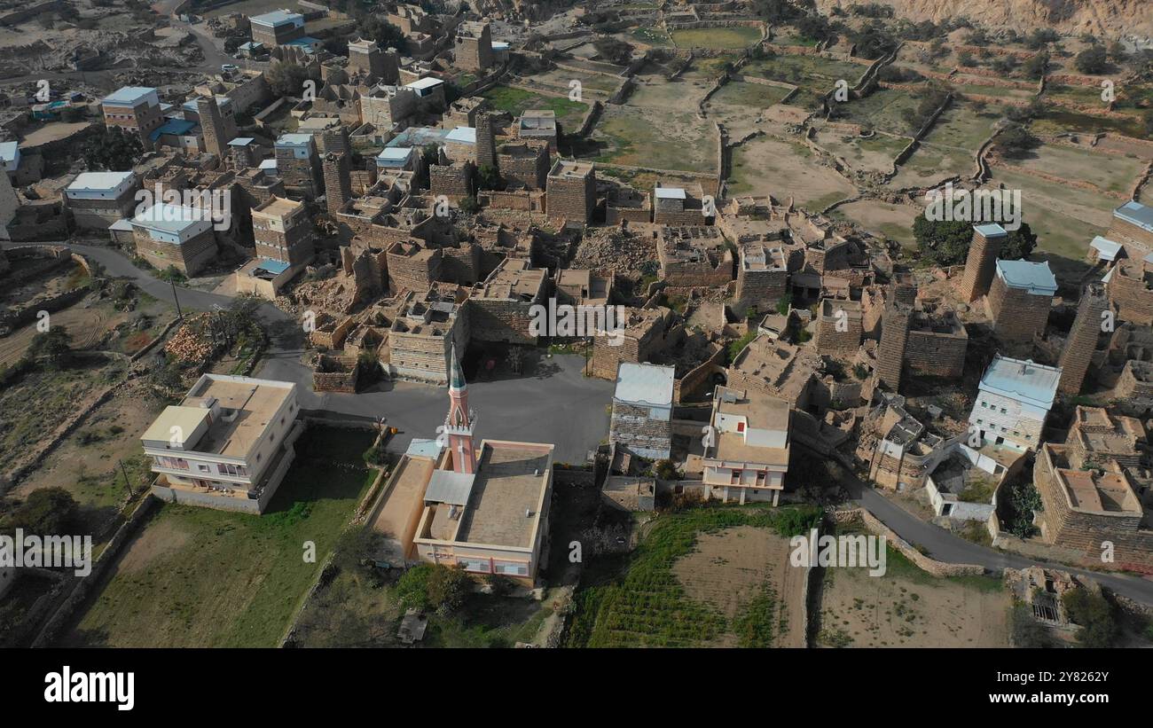Aerial view of stone and mud houses with slates in al Khalaf village ...