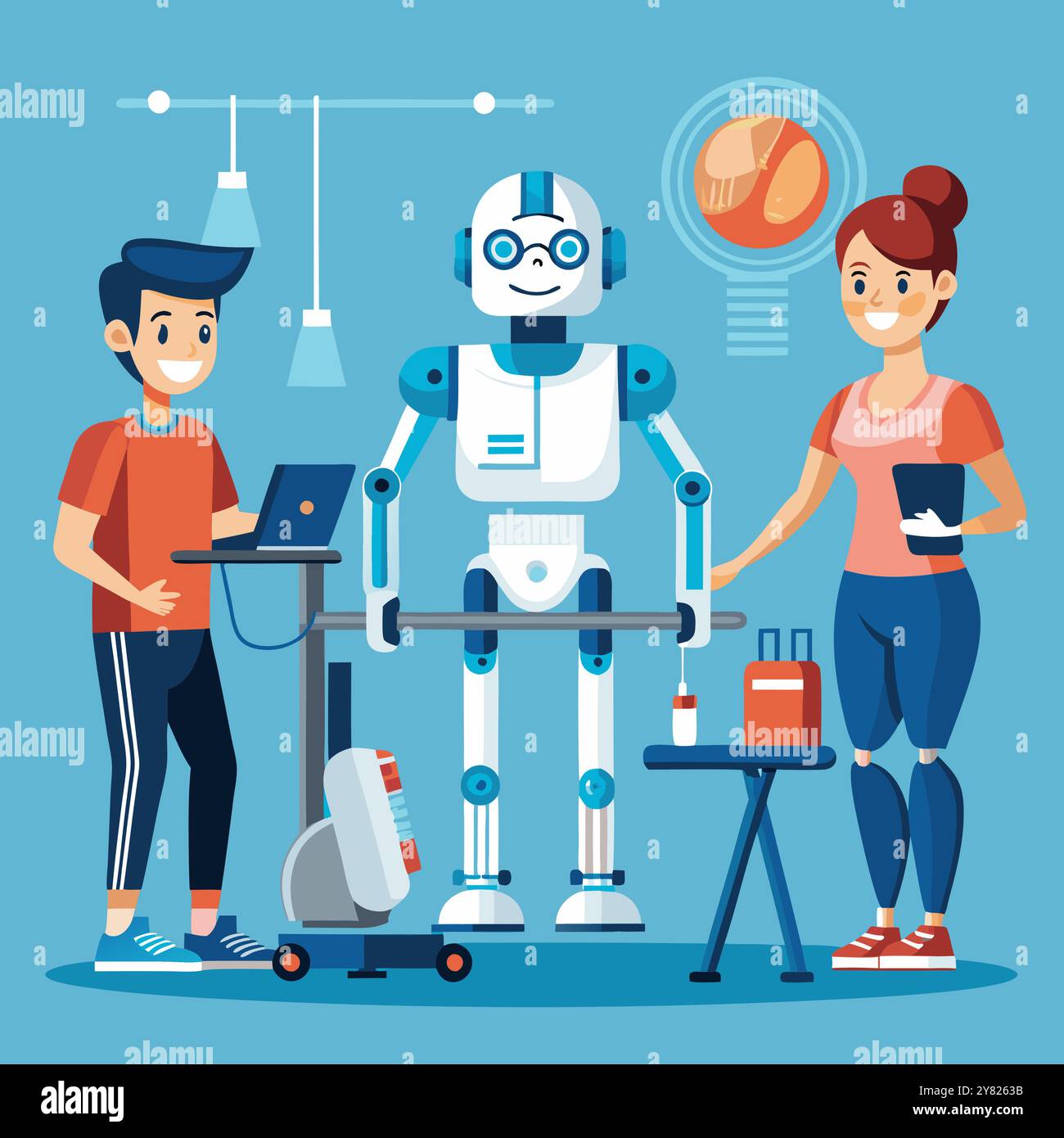 A friendly robot helps a man and woman with disabilities. The robot is ...