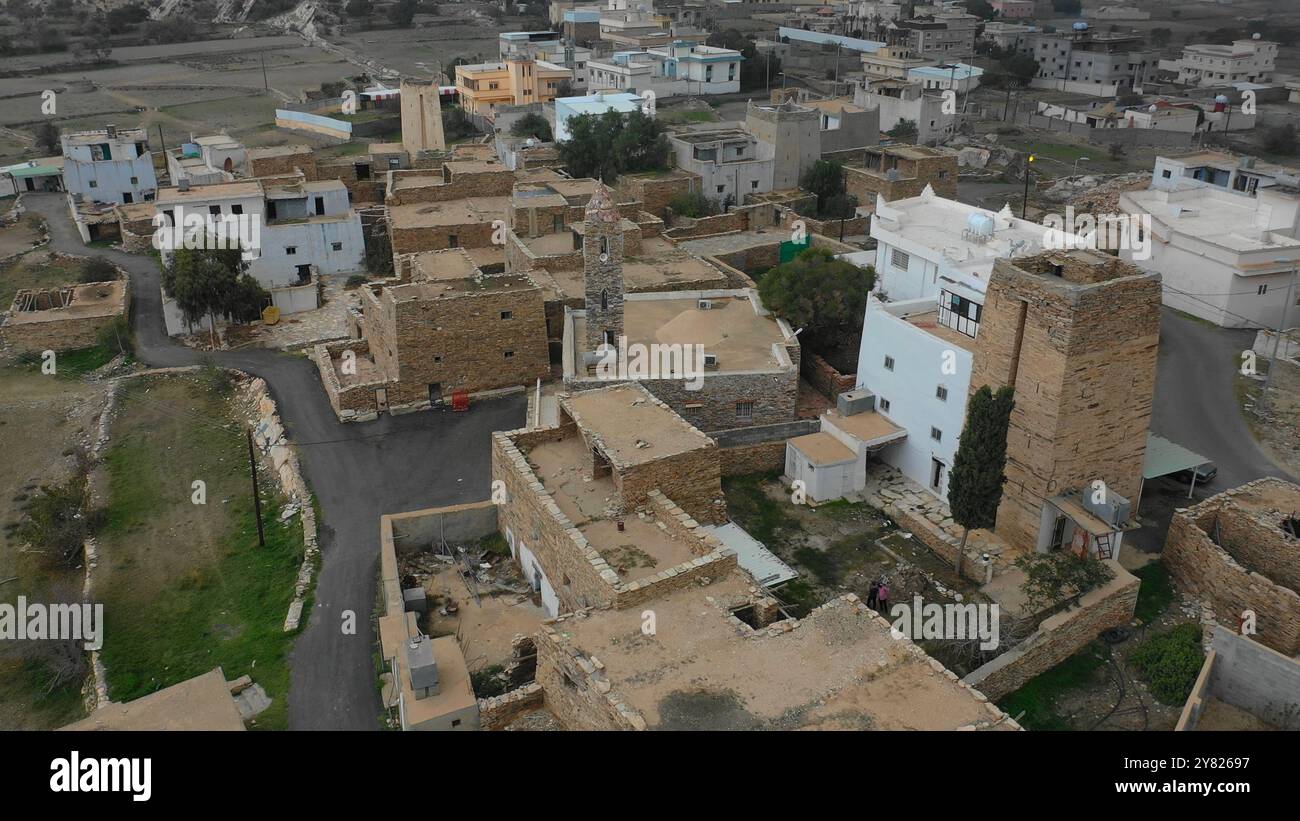 Aerial view of a mosque made of stones, Asir province, Tanomah, Saudi ...